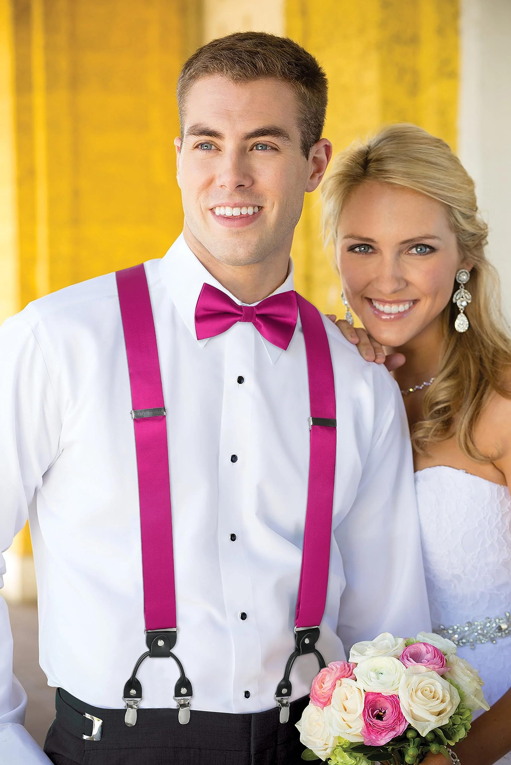 HISDERN Pink Bow Tie and Suspenders for Men Solid Handkerchief 6 Clips Adjustable Y Shape Tuxedo Hot Pink Suspenders & Pocket Square Set Wedding Party Braces