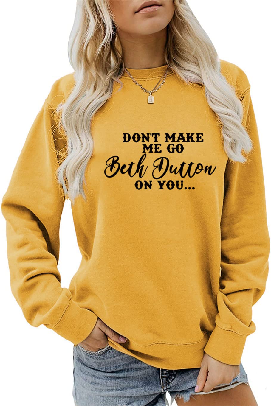 JBF Cloth Beth Dutton Sweatshirt Pullover Women Funny Letters Graphic Long Sleeve Country Music Tee Top Yellow M