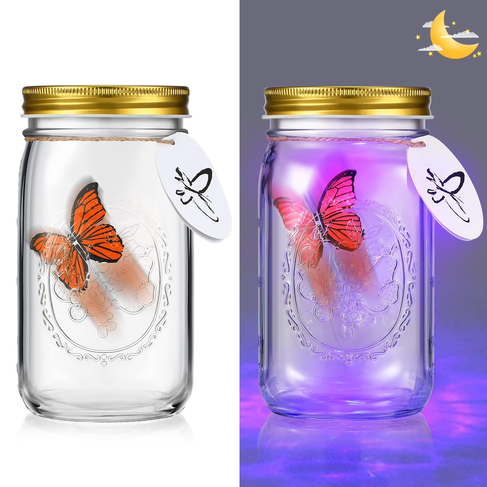 Lallisa Glass Animated Butterfly in a Jar with LED Light Romantic Butterfly Jar Moving Butterfly Decorations for Gift (Orange)