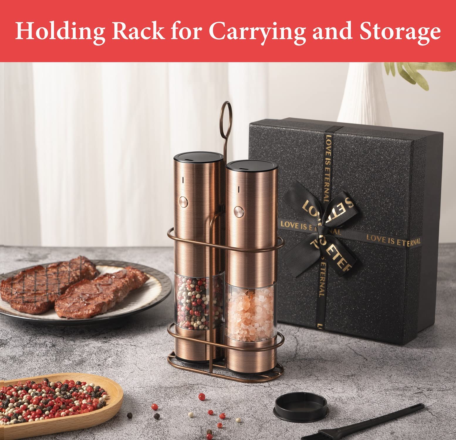 Rechargeable Electric Salt and Pepper Grinder Set with Stand - Nicely Packaged Giftable - No Battery Needed - Automatic Pepper Mill & Adjustable Coarseness & LED Light Refillable - Copper Color