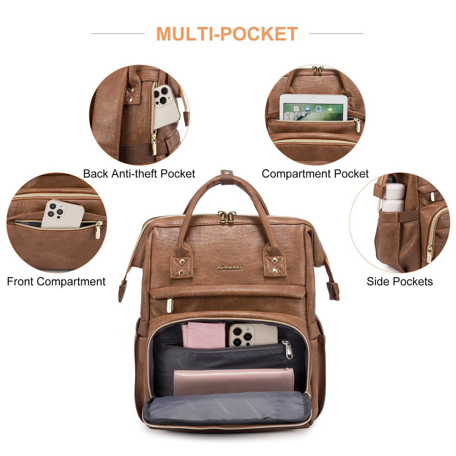 LOVEVOOK Women's Fashion Backpack Leather Bookbag Purse for Women Work Fits for 14 Inch Laptop,Brown