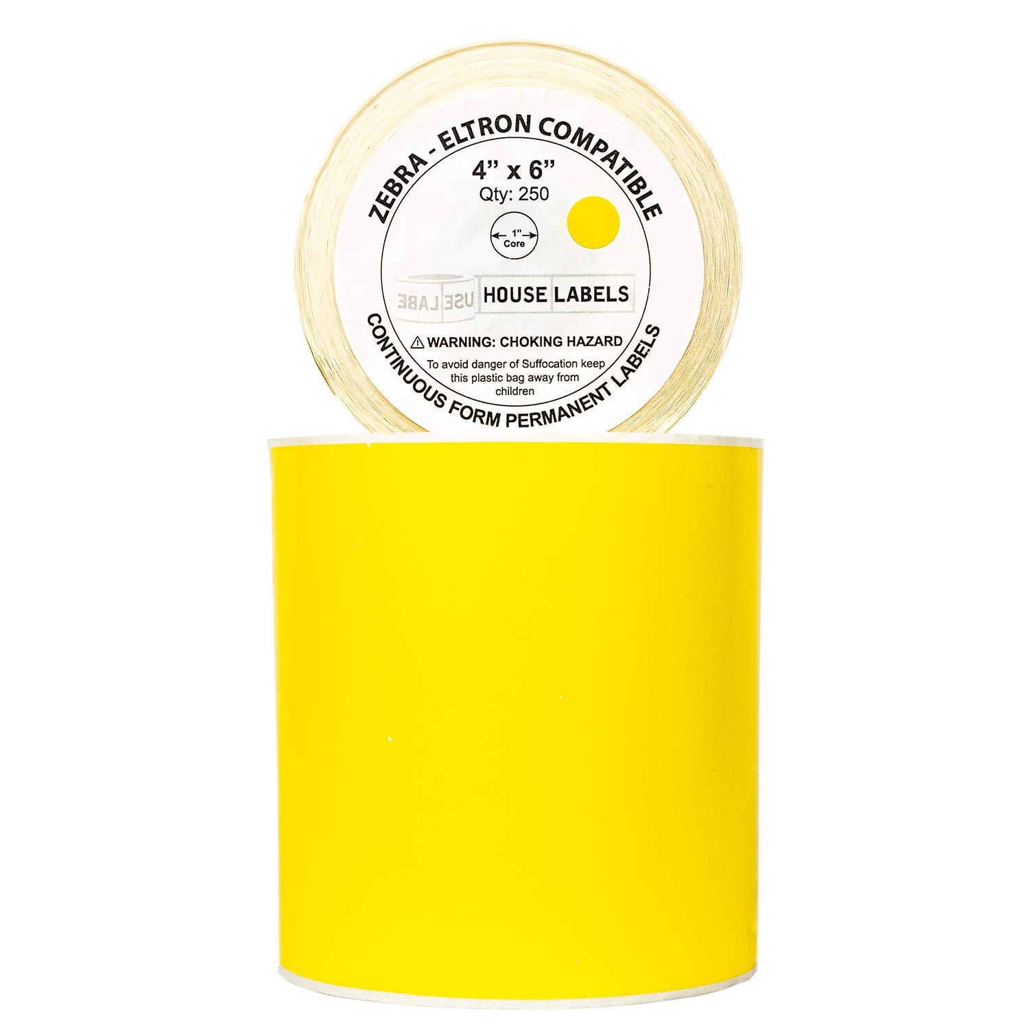 HOUSELABELS 4" x 6" Yellow Shipping Labels on 1" Core Compatible with Zebra and Rollo Printers, 1 Roll / 250 Labels per Roll