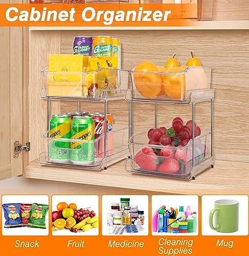 JUPELI 2 Tier Clear Bathroom Organizer with Dividers, Multi-Purpose Pull-Out Pantry Organization and Storage, Under Sink Closet Organizers and Storage, Vanity Skincare Cosmetic Organizer Medicine Bins