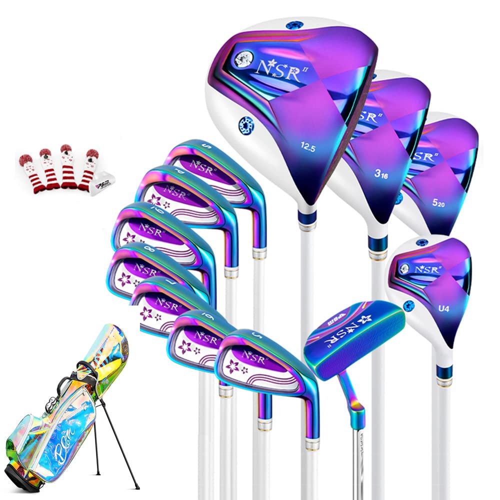 LOWLO Women~'s Complete Golf Clubs Package Set Includes Driver, Fairway, Hybrid, 5#-P# Irons, Putter, Golf Stand Bag, Head Covers, Right Handed
