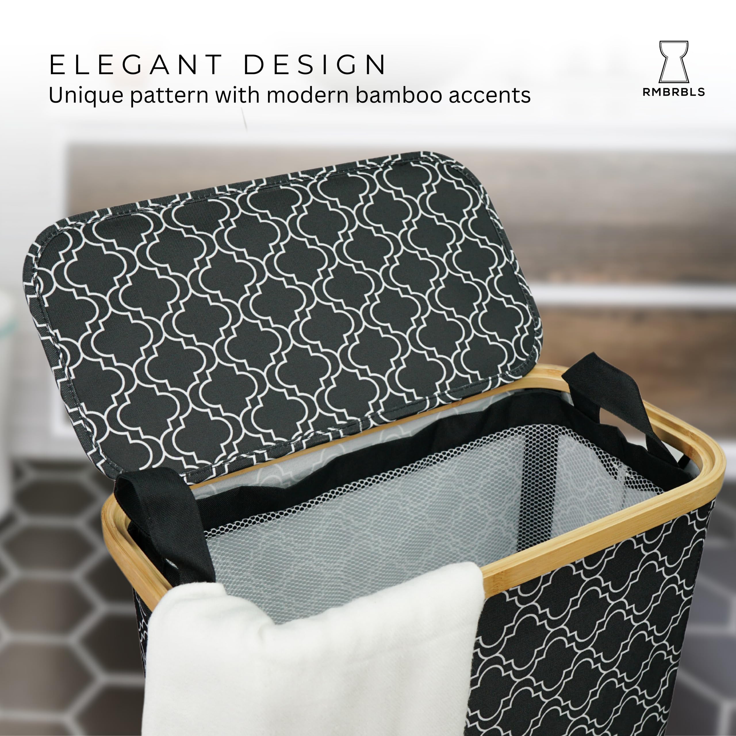 Slim Hamper with Lid & Removable Mesh Bag (60L) β Foldable Narrow Clothes Hamper with Bamboo Handle β Durable Skinny Laundry Basket for Bedroom, Bathroom Dorm & Closet - Black