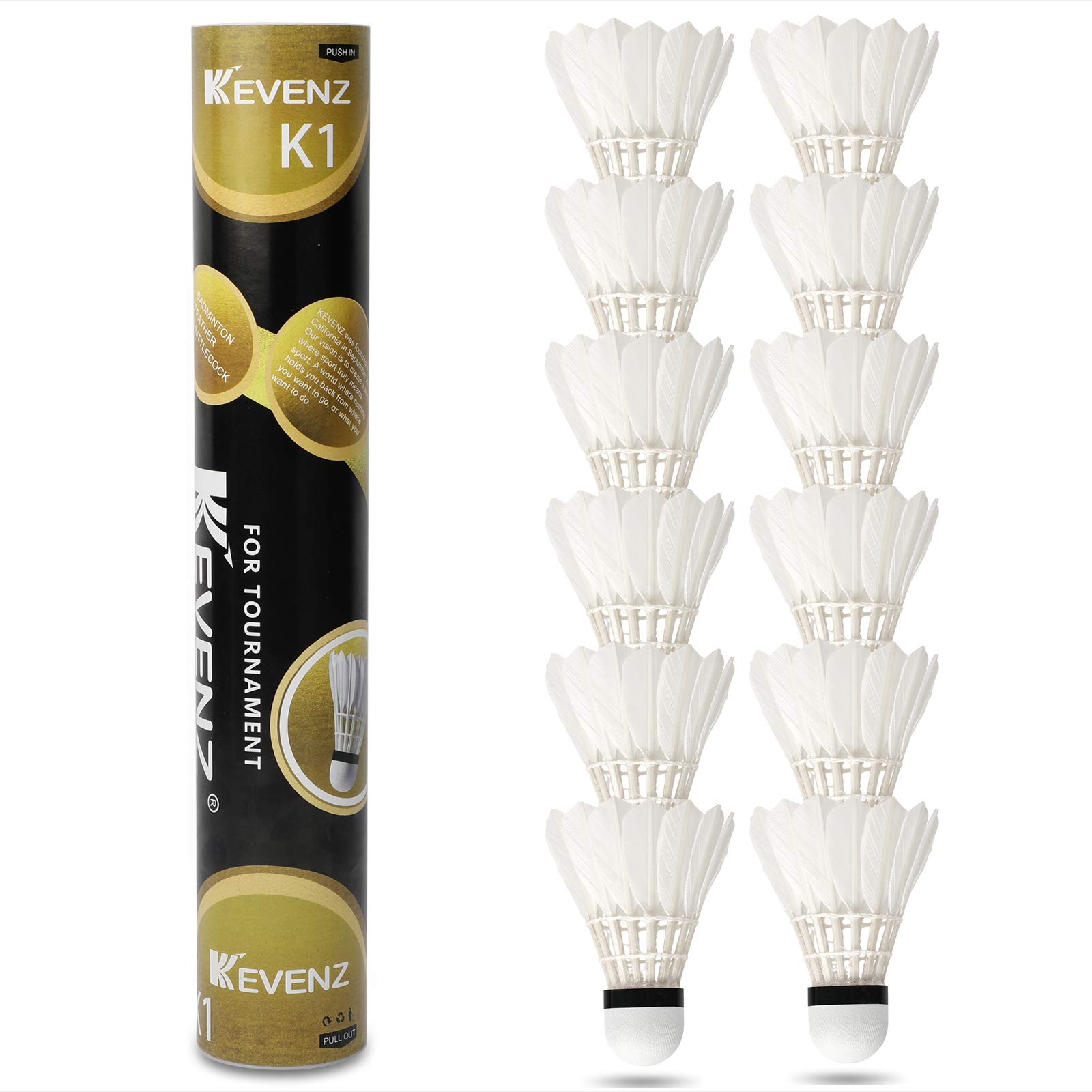 KEVENZ Goose Feather Badminton Shuttlecocks with Great Stability and Durability, High Speed Badminton Birdies-12PK (White-K1)
