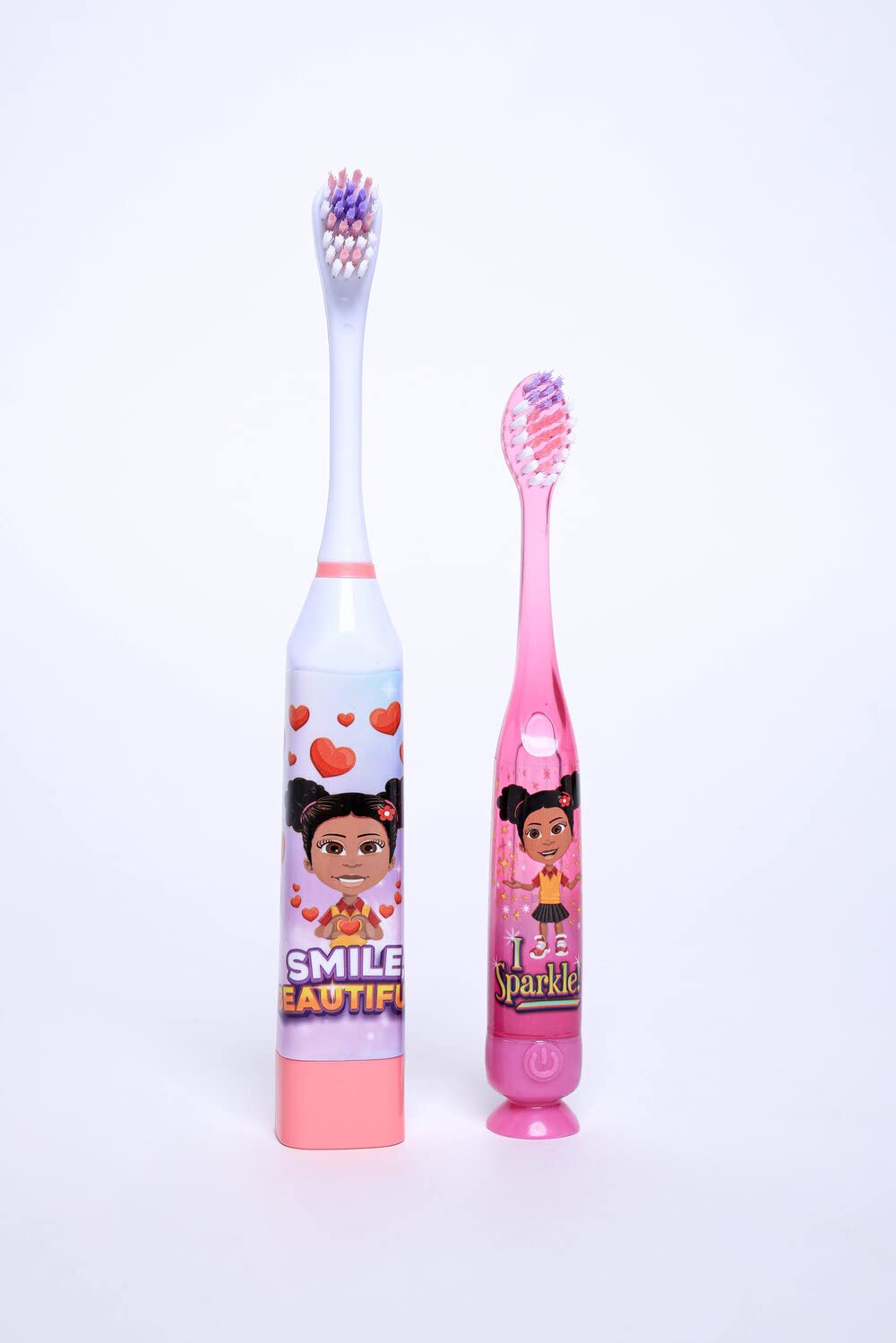 OUR REFLECTIONS Kids Battery Powered, 2 Toothbrush Heads, Soft Bristles, Ages 3 and up. Diversity Girl Nora, Boy John (Nora Electric Toothbrush, Pink)