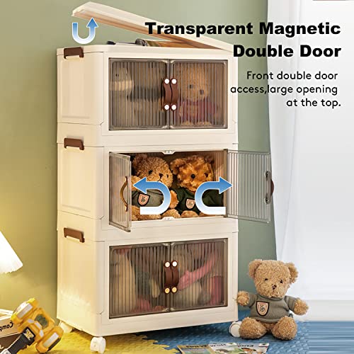 Kroshine Folding Storage Bins with Lids, 65-Quart Plastic Storage Bins for Closet Organizers, Stackable Storage Bins with Door, Collapsible Storage Bins with Wheels
