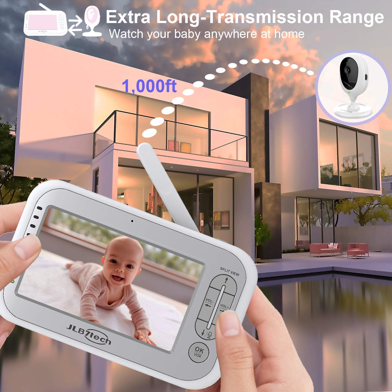 JLB7tech Baby Monitor,5" Split Screen Video Baby Monitor 1 Camera and Audio,Night Vision,Two-Way Talk,Long Range,FeedingTime,Lullabies,Temperature Detection,Power Saving/Vox,Zoom in