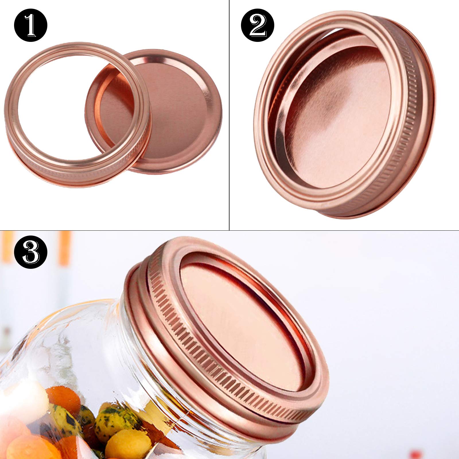 Mason Canning Lids and Rings,Aulufft 24 Sets Mason Jar Split-type Lids and Bands Leak Proof Secure Stainless Steel Mason Storage Covers, Rose Gold