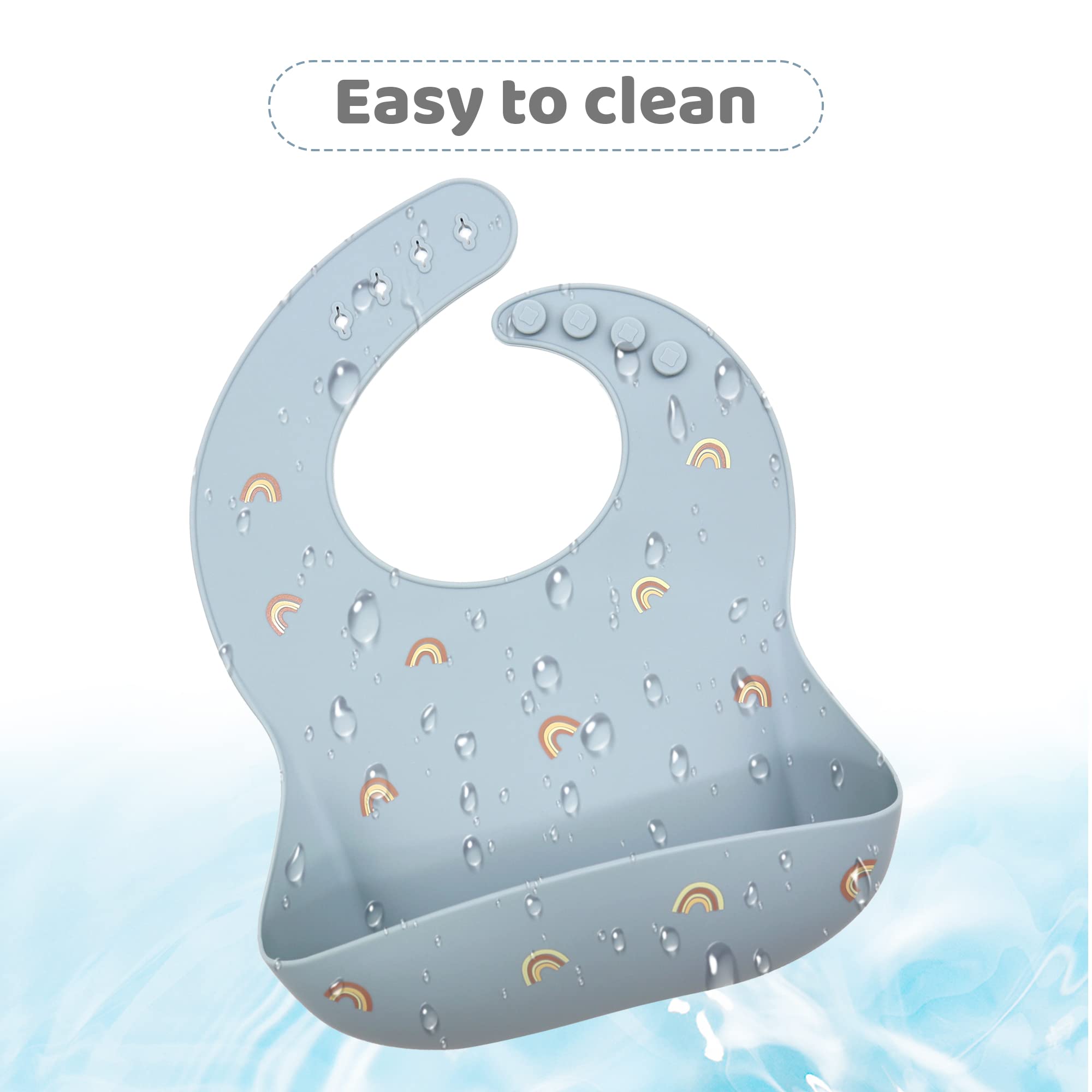 Santi & Me Silicone Bibs for Babies & Toddlers, Soft Waterproof Bibs with Food Catcher Pocket, Adjustable Baby Feeding Bibs 2 PCS (Beige&Dusty blue)
