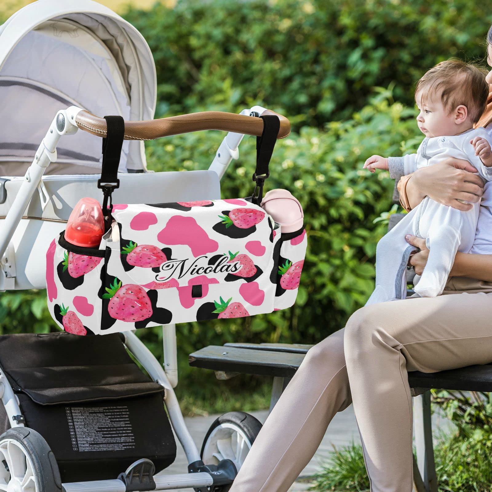 RunningBear Custom Cow Strawberry Universal Baby Stroller Organizer Personalized Stroller Caddy with Cup Holders Customized Universal Stroller Caddy for Mom Dad