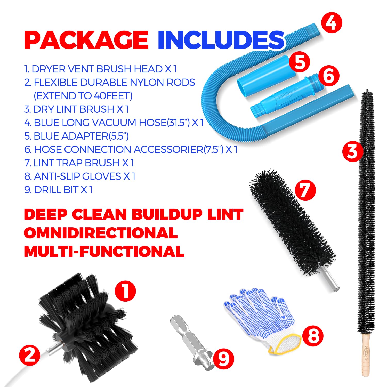 Holikme 9 Pieces 40 Feet Dryer Vent Cleaner Kit, Dryer Cleaning Tools & Lint Remover Sets, Include Flexible Lint Brush with Drill Attachment, Laundry Lint Vacuum Hose, Clothes Dryer Lint Trap Brush