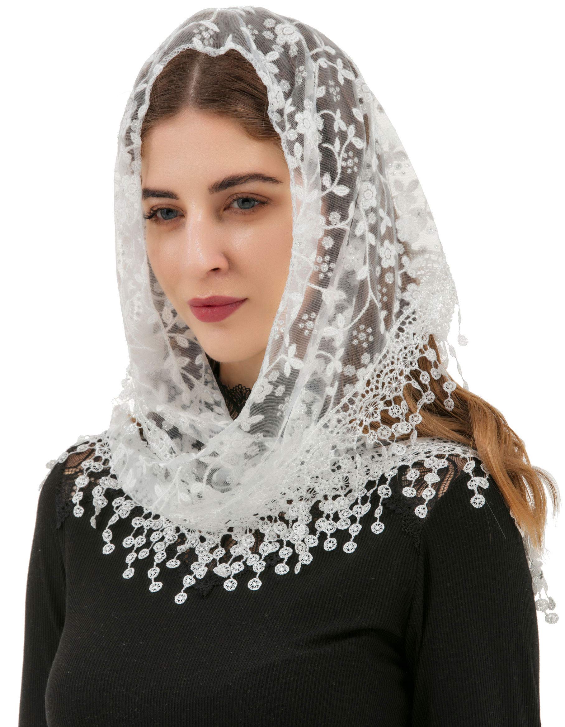 PAMOR Triangle Lace Veil Mantilla Cathedral Head Covering Chapel Veil for Mass Wedding Bridesmaids (White)