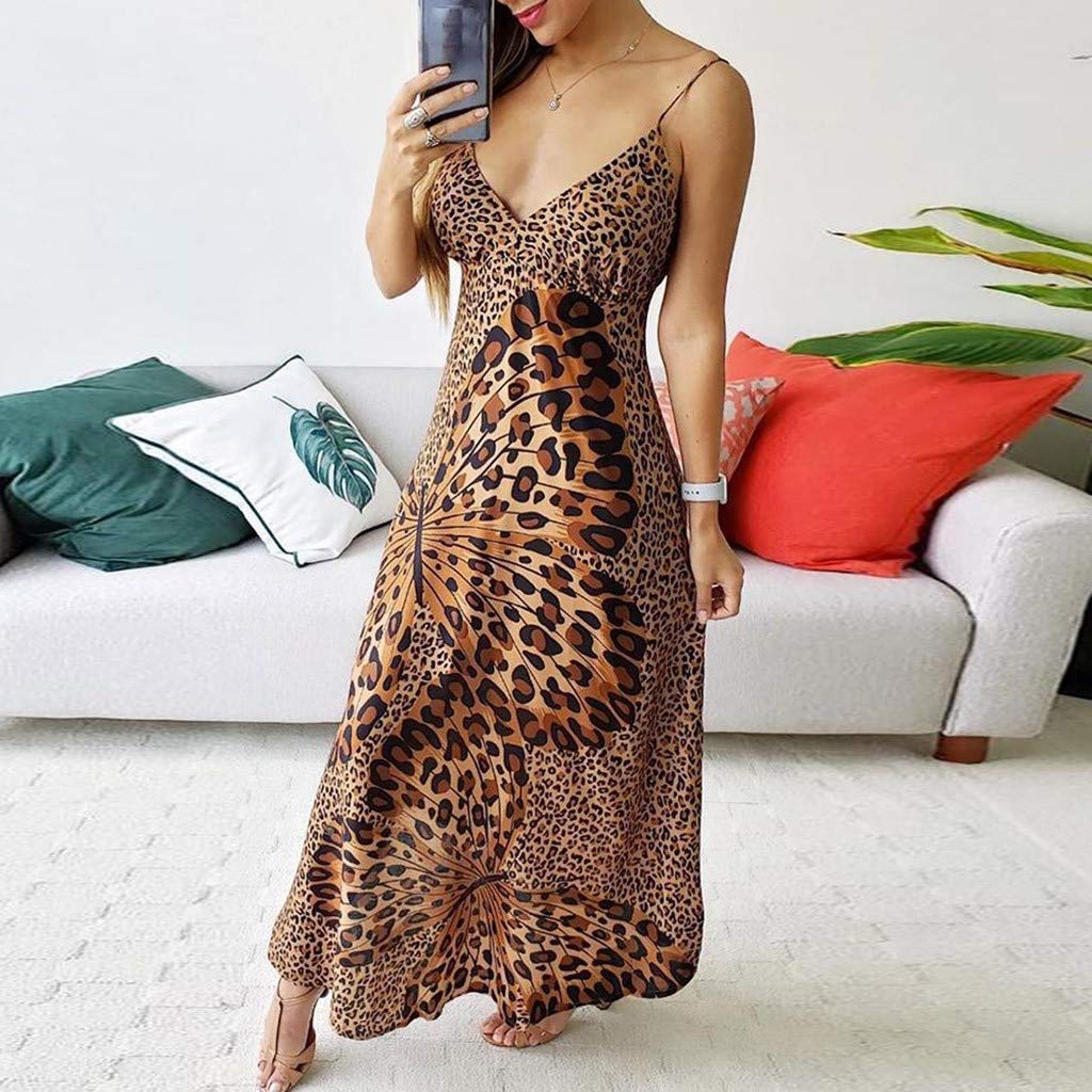 Leopard Sling Dress for Women Deep V Neck Pattern Long Dress Spaghetti Straps Sleeveless Maxi Dress