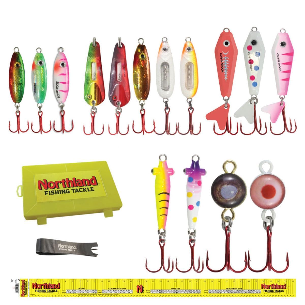 Northland Fishing Tackle Lake of The Woods Ice Fishing Spoon Kit - 15 per Kit - Assorted Colors and Sizes with Tackle Box