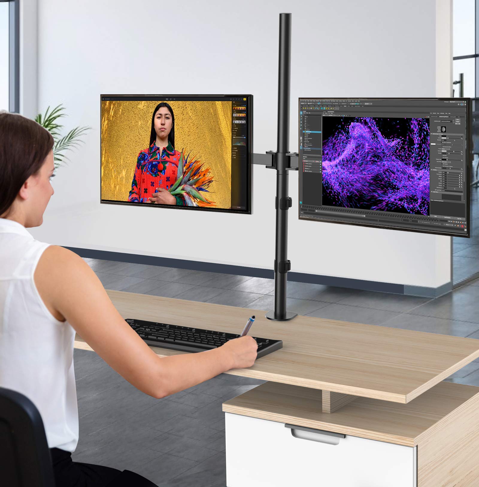 HUANUO Dual Monitor Stand with Extra Tall Pole 32 Inch, Fully Adjustable Monitor Mount, C Clamp & Grommet Mounting Base