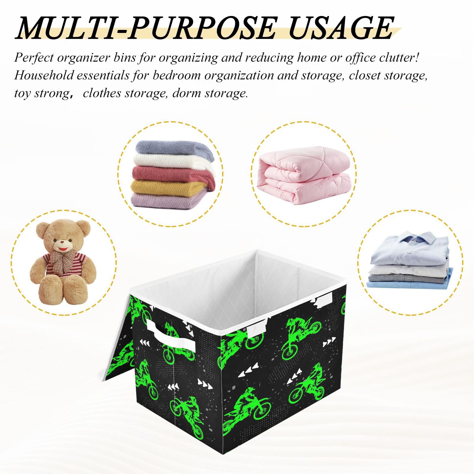 Krafig Green Motocross Foldable Storage Box Large Cube Organizer Bins Containers Baskets with Lids Handles for Closet Organization, Shelves, Clothes, Toys