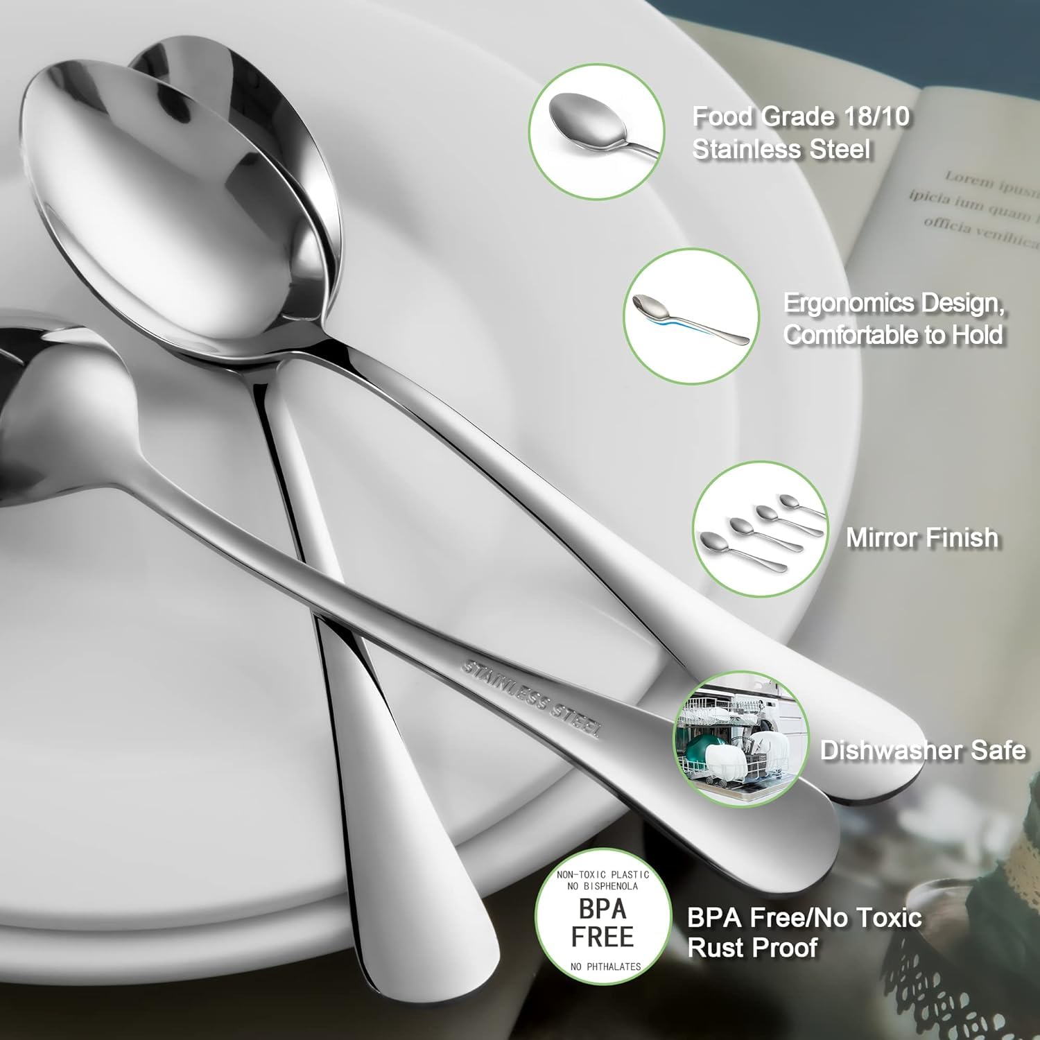 Stainless Steel Flatware Set, 12 Pieces, Mirror Polished Soup and Tablespoons, Dishwasher Safe (Dinner Spoons Set of 12)