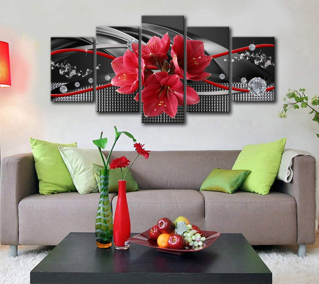 Large Red Flower Canvas Wall Art Prints Picture Black 5pcs Painting Home Decor Bedroom Ready to Hang Framed Modern Artwork 30x60