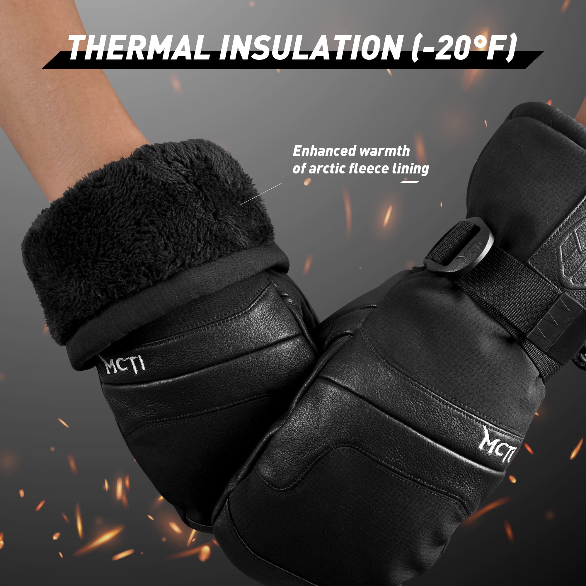MCTi Ski Mittens Leather Mitten Winter Cold Weather Waterproof Snow Mitt for Men(Black, Large)