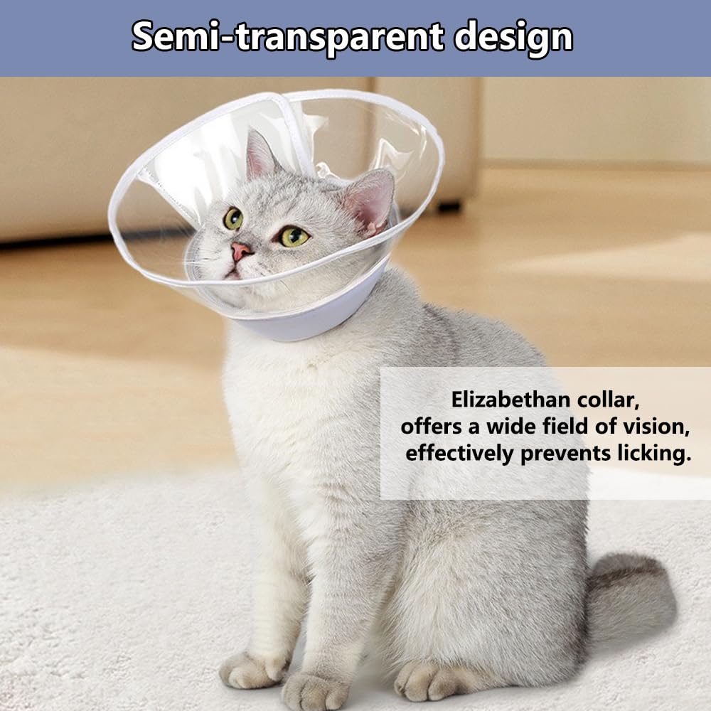 Soft Drawstring Cat Recovery Cone - Transparent, Noiseless Fasteners - Double Anti-Slip - Adjustable Magic Tape & Neck Cone Ideal for Kittens - Comfortable Wound Recovery Cone (Blue, M(Neck:8½"-10¾"))