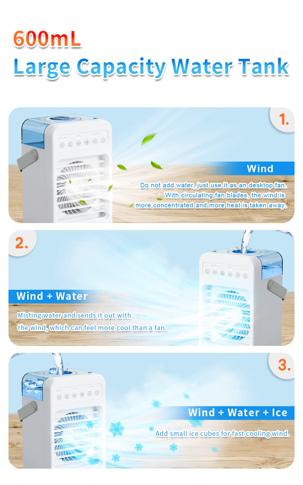 Portable Air Conditioners Fan, 2-6H Timer, 600ml Water Tank Personal Mini Air Cooler with 4 Wind Speeds, USB Evaporative Air Cooler Fan with LED Light for desktop Office Bedroom Kitchen