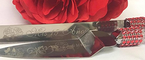 Mis Quince Anos Sweet 15 Birthday Cake Knife and Server Set Red Rhinestones