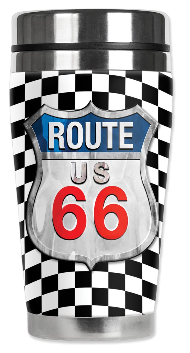 Mugzie Checkered Flag Route 66 Travel Mug with Insulated Wetsuit Cover, 16 oz, Black