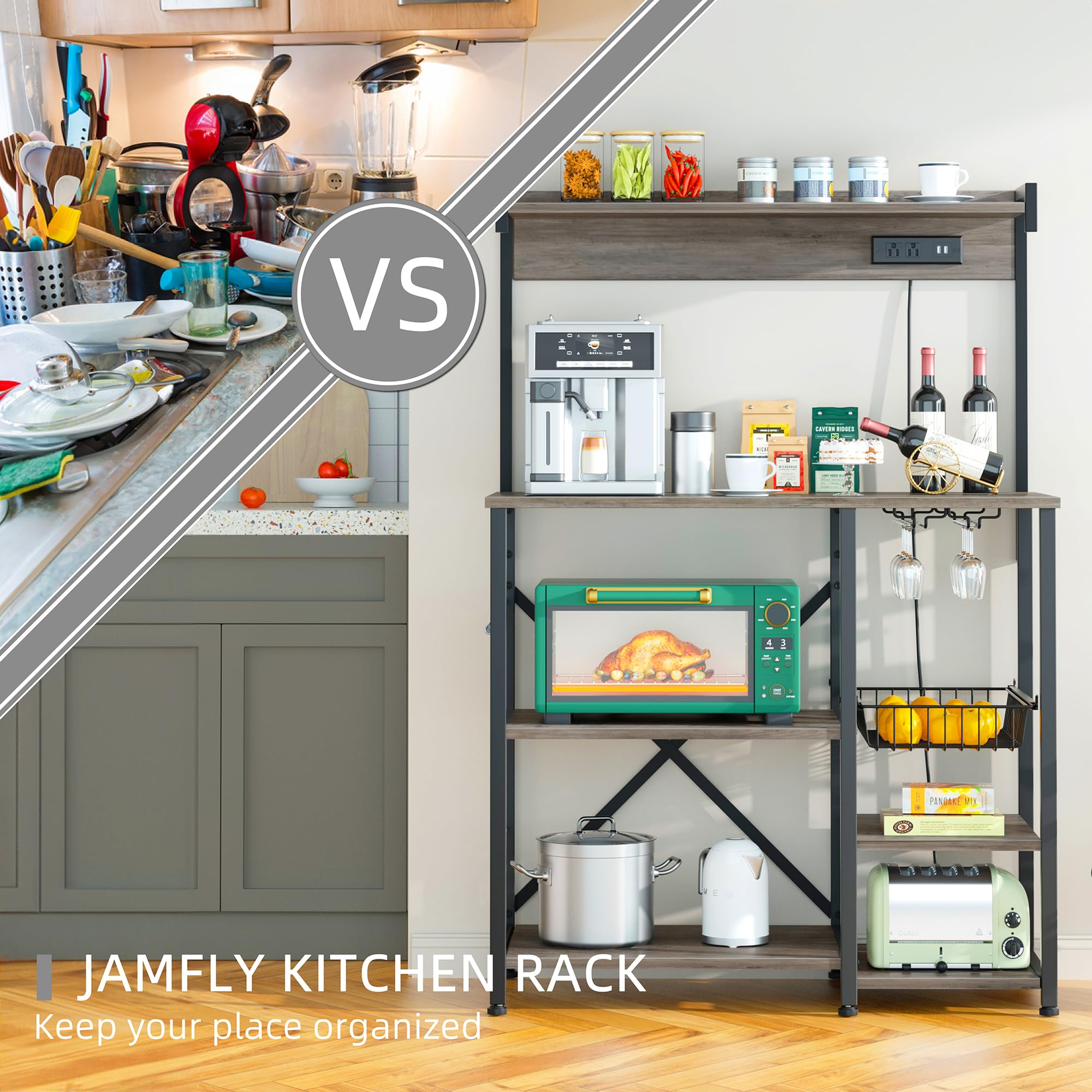 JAMFLY Kitchen Bakers Rack with Power Outlet, Coffee Bar Cabinet, Kitchen Cart, Large Microwave Stands Cart with 6 S-Shaped Hooks, Wine Glass Holder and Basket (Grey)