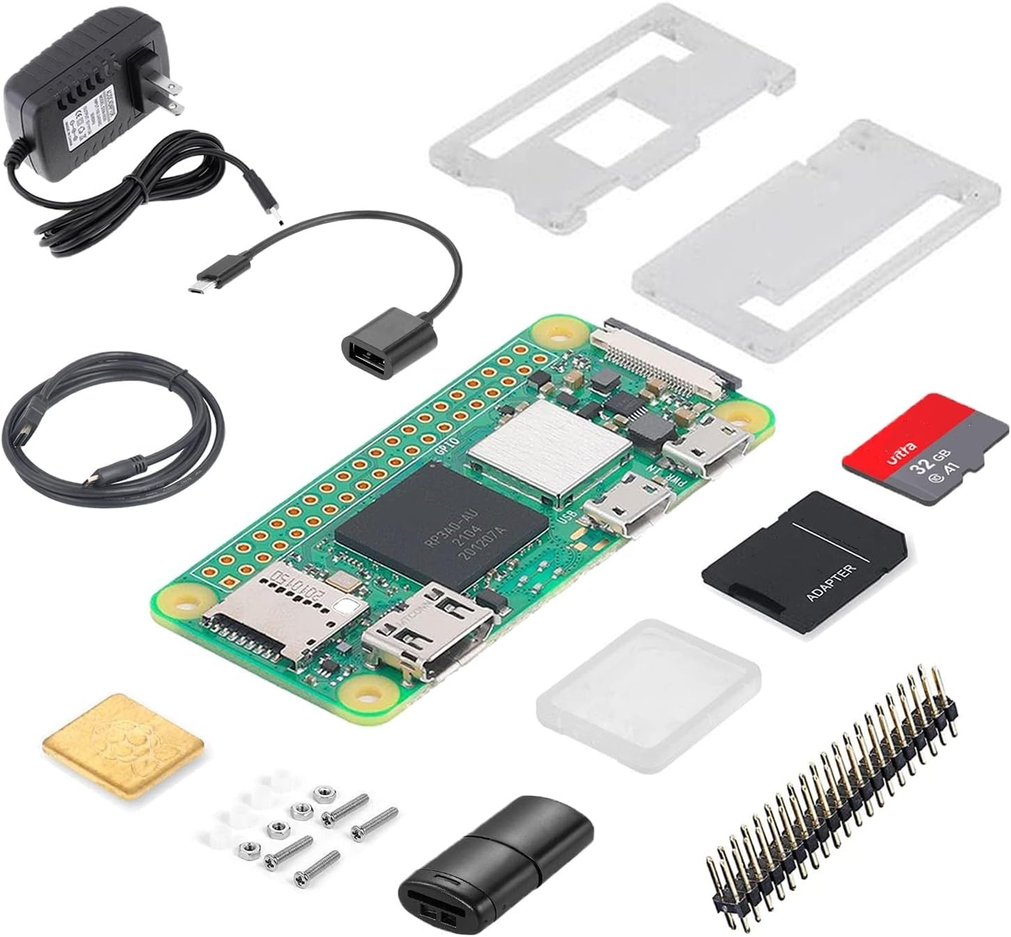 RasTech for Raspberry Pi Zero 2 W Starter Kit with 32GB Card 5V 3A Power Supply with ON/Off USB-Adapter HD Out Cable Card Reader Heatsink Case Pin Header