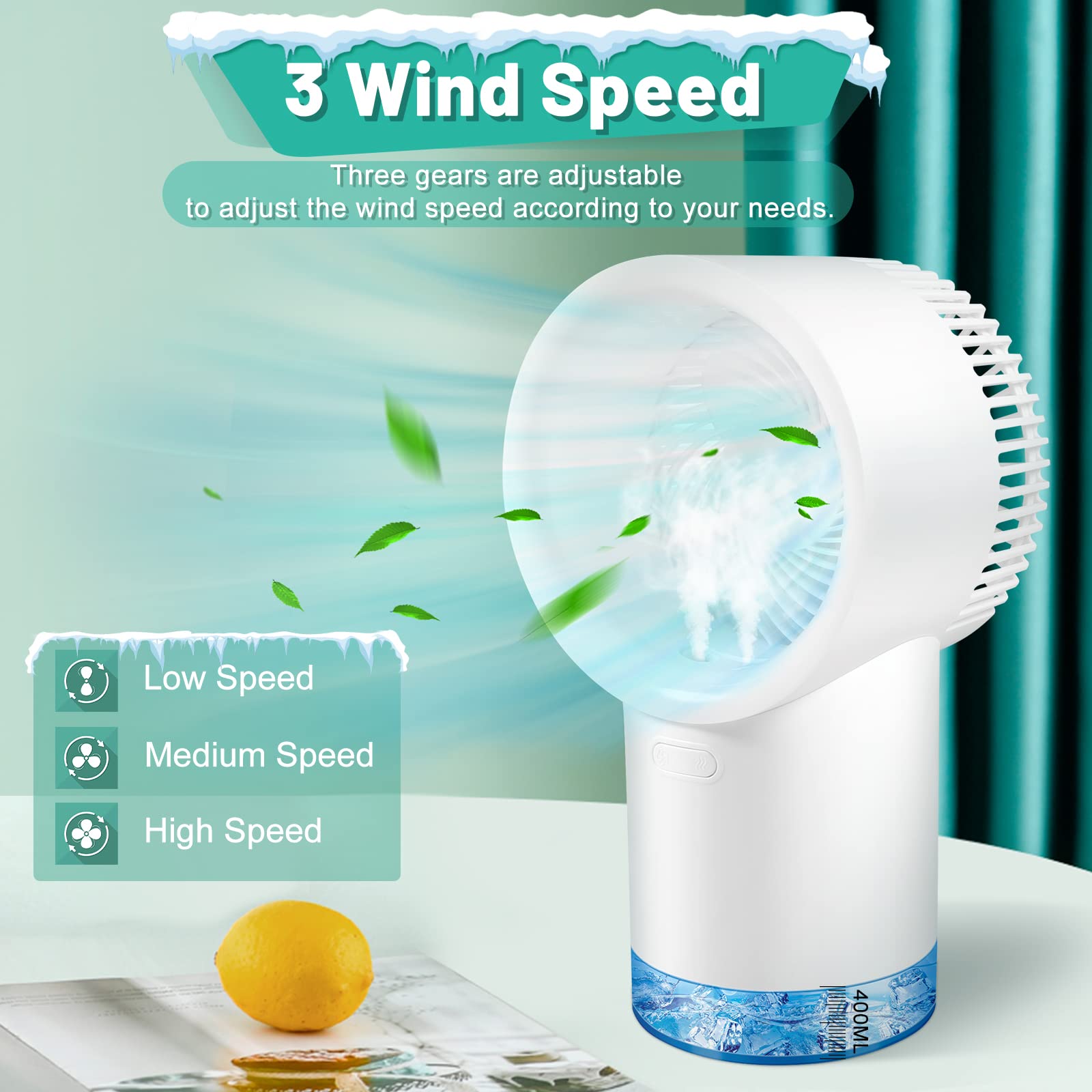 Portable Air Conditioners, Evaporative USB Rechargeable Personal Air Cooler, Cordless 3 in 1 Mini AC Desktop Spray Fan, Quiet 3 Speed Air Cooler Humidifier with Blue Night Light for Home / Camping / Desk