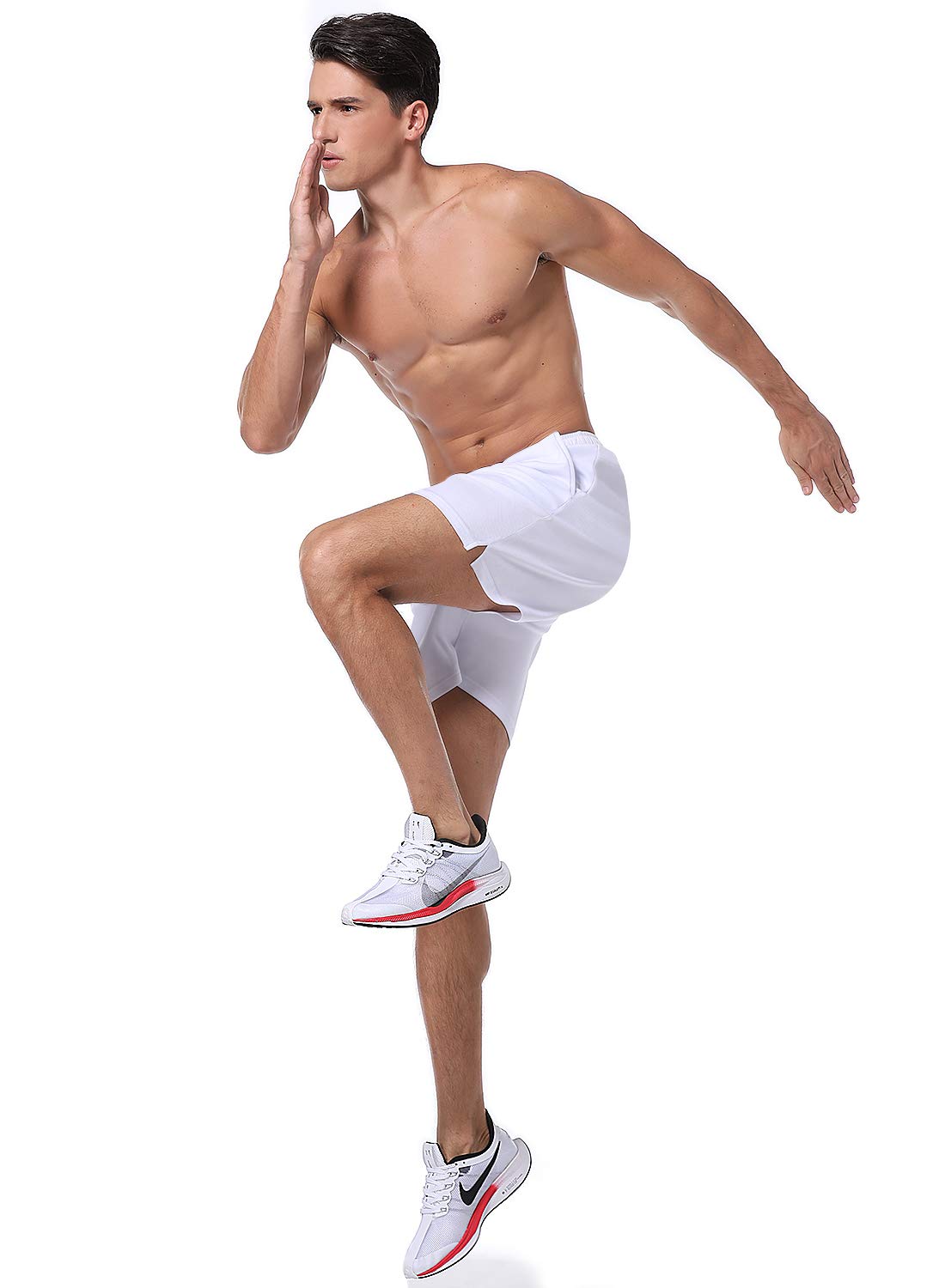 HISKYWIN Men's 7" Quick-Dry Running Shorts Workout Jogging Mesh Shorts with Pockets Zip F605-White-M