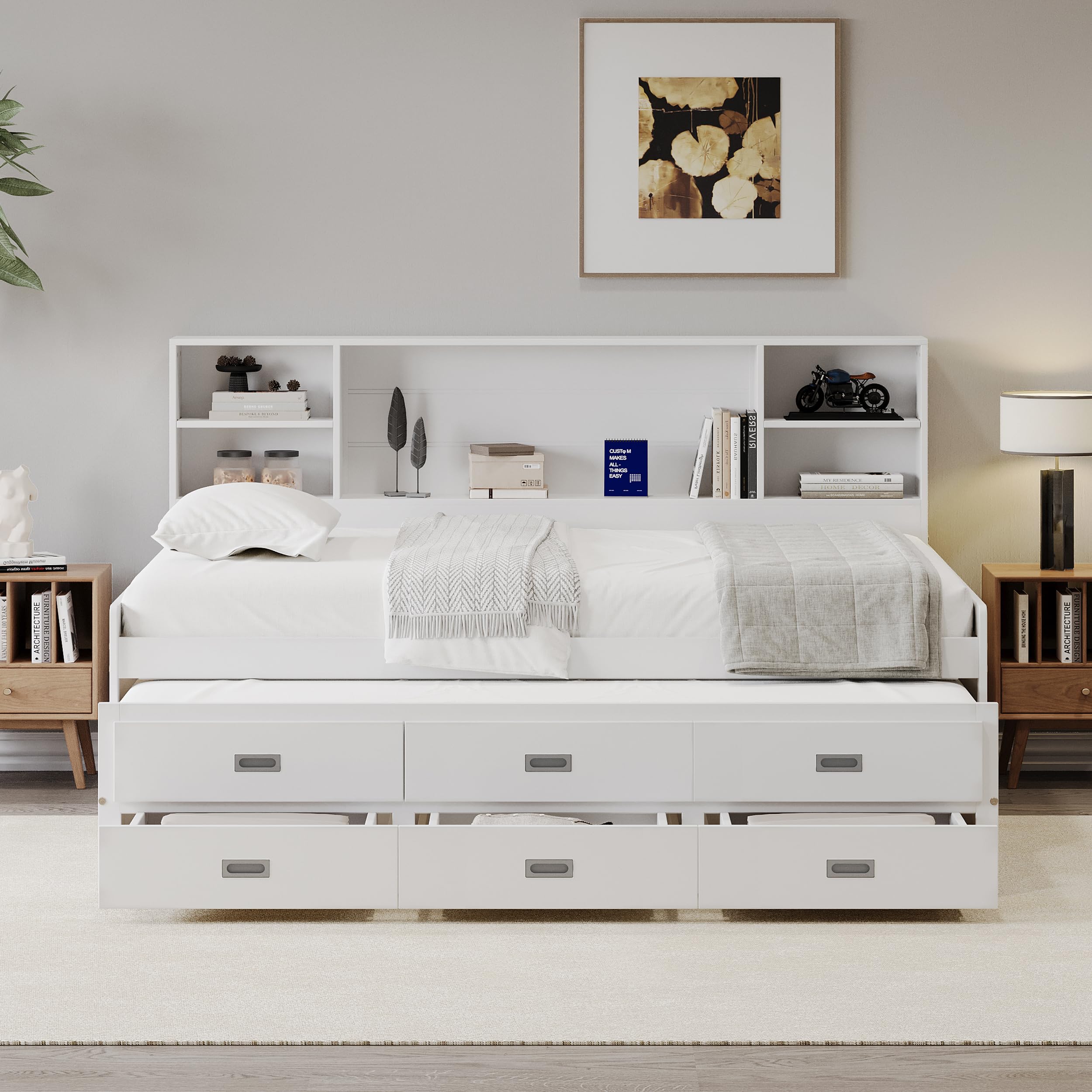 SOFTSEA Twin Size Daybed with Storage and Trundle, Twin Captain Bed with Bookcase Headboard and 3 Drawers, Wooden Daybed with Storage and Trundle Bed for Kids Teens Guests, White