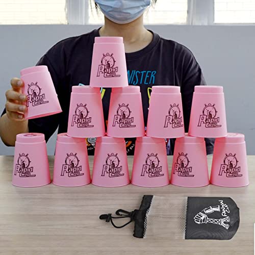 Peifun Stacking Cups,Upgrade 12 Pack Large Quick Stacks Cups Set Training Game for Challenge Competition Travel Party Gift-Pink