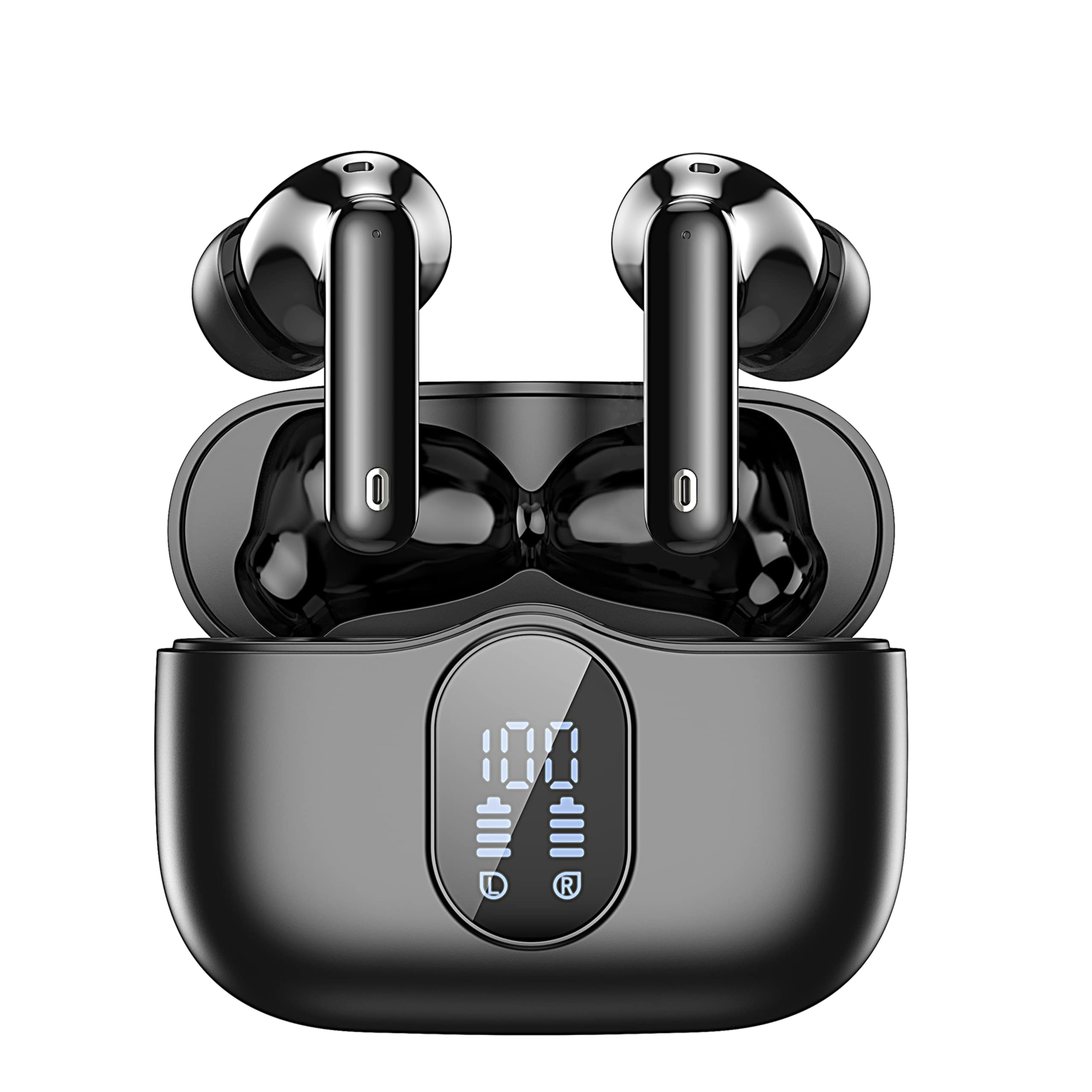 HISOOS Bluetooth Headphones Gaming Headset with Mic Noise Canceling LED Power Display Headphone Active Noise Cancelling Ear Buds with Charging Case Bluetooth 5.3 Hi-Fi Stereo in-Ear Earbuds