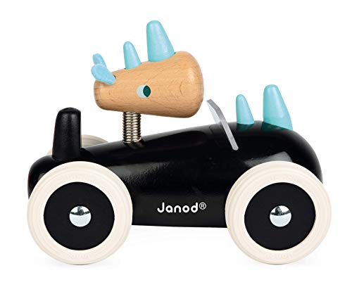Janod Spirit Wood Car Push Toy - Rony Rhino - Ages 18 Months+ - J04492