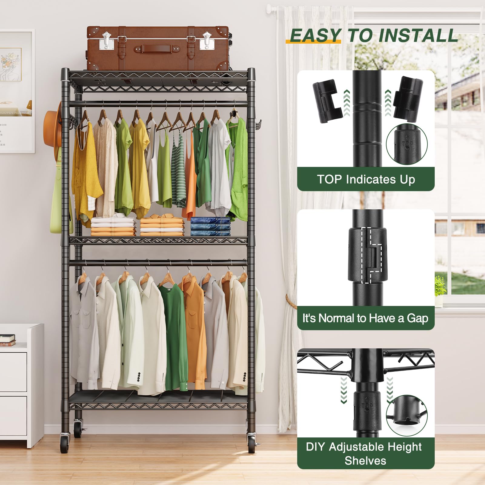 LEHOM G1M Heavy Duty Clothes Rack, 3 Tiers Rolling Garment Rack for Hanging Clothes, Adjustable Wire Clothing Rack with Storage Shelves, Lockable Wheels Freestanding Closet Wardrobe for Bedroom