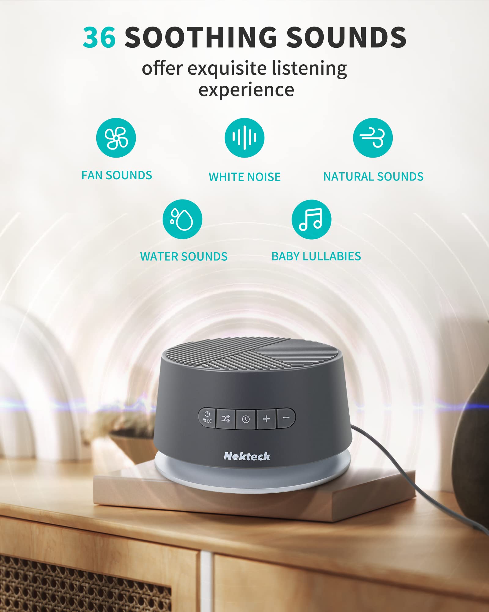 Nekteck White Noise Machine with 36 Soothing Sounds, for Sleeping and Relaxation, Night Light, Auto-Off Timer & Memory Function, Adjustable Volume for Baby, Kids, and Adults