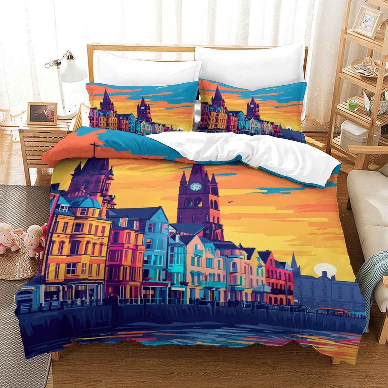 THUBDYEA Elizabeth Tower 3D Printedarchitecture Bedding Set Comforter Covers Duvet Cover Quilt Cover 3 Pieces with Pillowcases for Childrens and Adults Microfiber with Zipper Closure Twin(173x218cm)