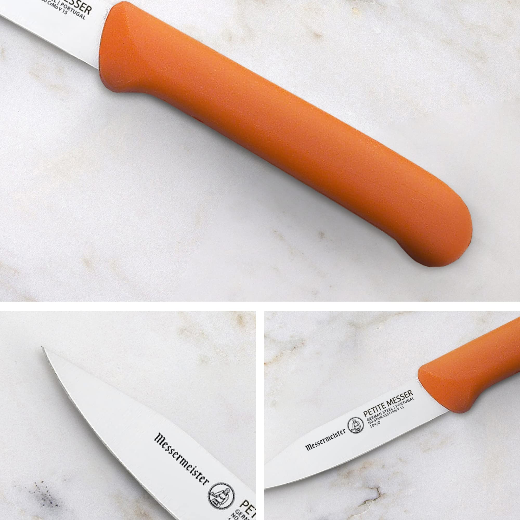 Messermeister Petite Messer 3” Spear Point Parer with Matching Sheath, Orange - German 1.4116 Stainless Steel & Ergonomic Handle - Lightweight, Rust Resistant & Easy to Maintain