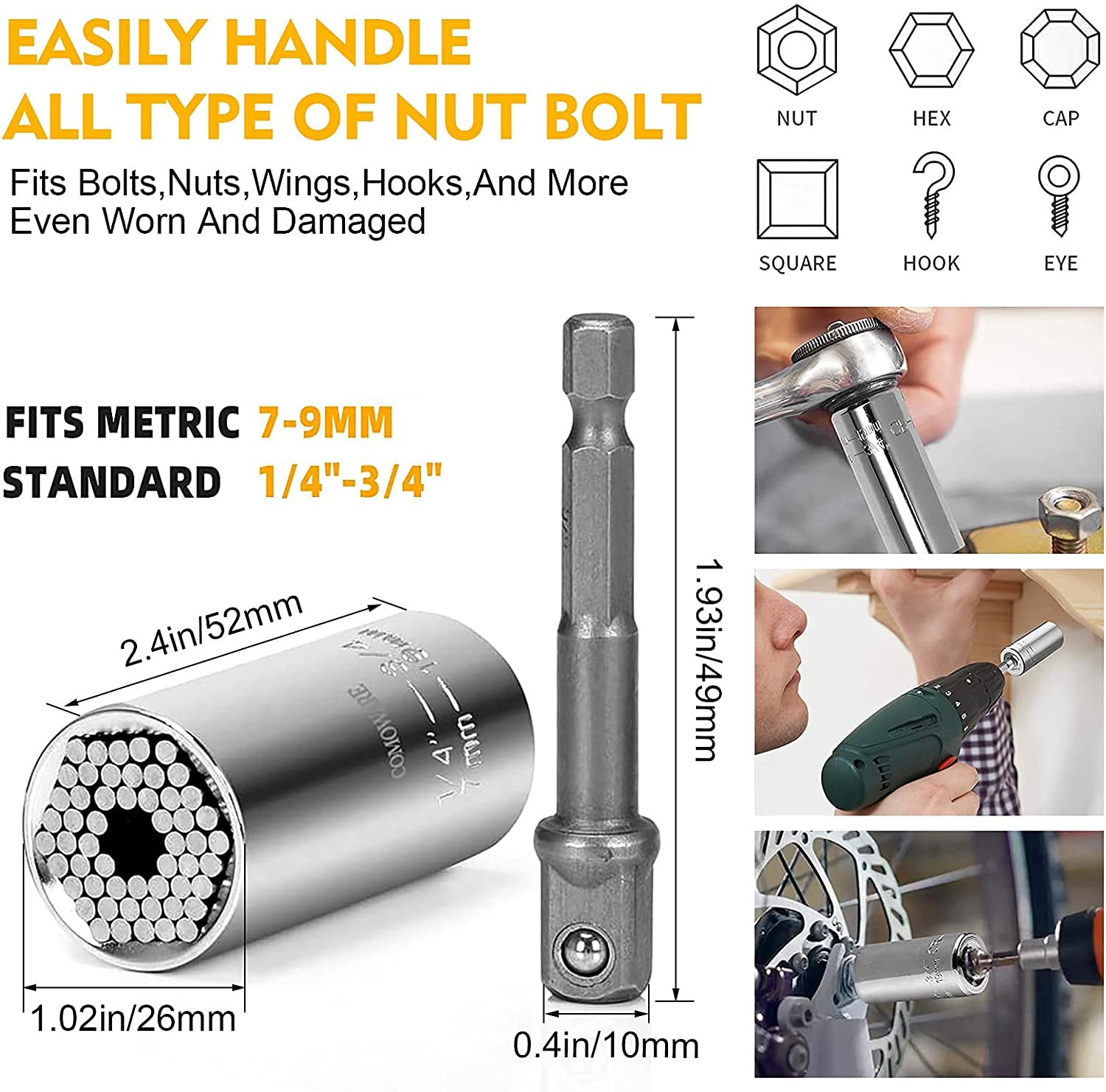 MXiiXM Flexible Drill Bit Extension & Universal Socket Wrench Tool Set, 105° Right Angle Drill Attachment, 1/4 3/8 1/2" Universal Socket Adapter Set, 3Pcs Screwdriver Bit Holder & Screwdriver Bit Kit