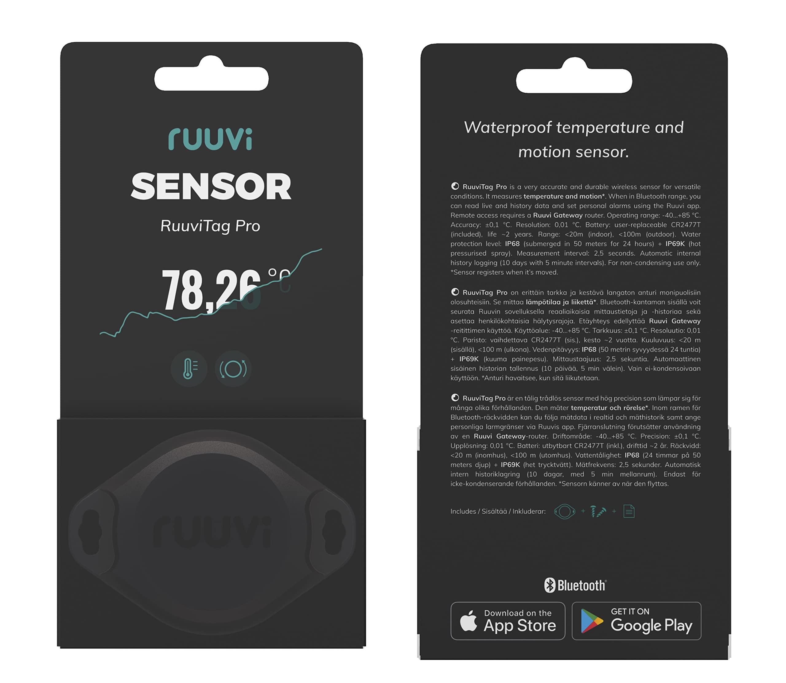 RuuviTag Pro 2in1 Wireless Bluetooth Temperature (°C/°F), and Motion Sensor. Alerts & History. Free Android/iOS apps. Integrates with Victron, Homey, and Home Assistant. Made in Europe.