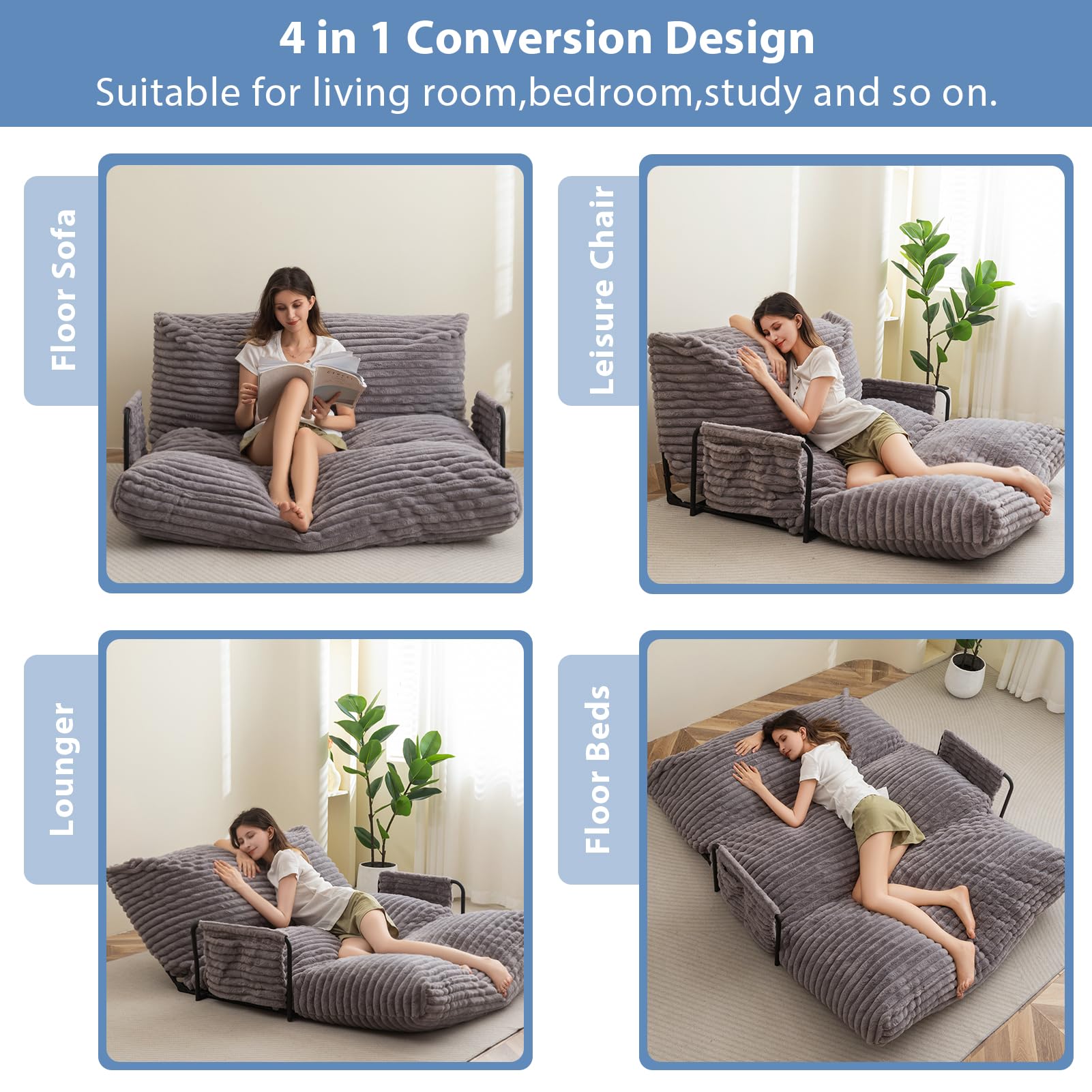 YOSHOOT Adjustable Lazy Floor Sofa, Convertible Bean Bag Sofa Bed Couch, 5-Position Foldable Sleeper Chair with Armrest, Versatile Floor Seating Sofa for Reading Gaming, Beige