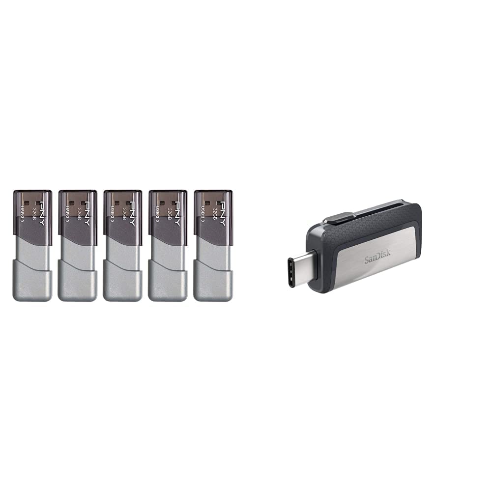 PNY 32GB Turbo Attache 3 USB 3.0 Flash Drive 5-Pack, Grey and SanDisk 128GB Ultra Dual Drive USB Type-C - USB-C, USB 3.1 - SDDDC2-128G-G46, Gray