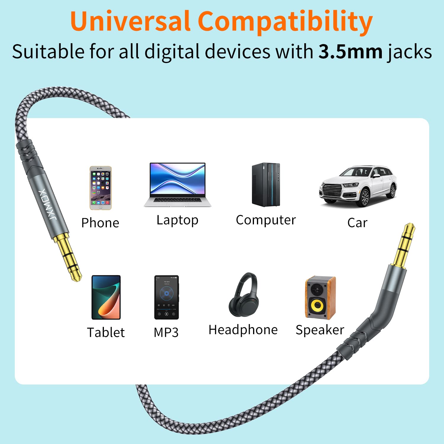 JXMOX 3.5mm Aux Cable (4ft/1.2m), 45 Degree Audio Auxiliary Input Adapter Male to Male 1/8 AUX Cord for Headphones, Car, Home Stereos, Speaker, iPhone, iPad, iPod, Echo & More โ Grey
