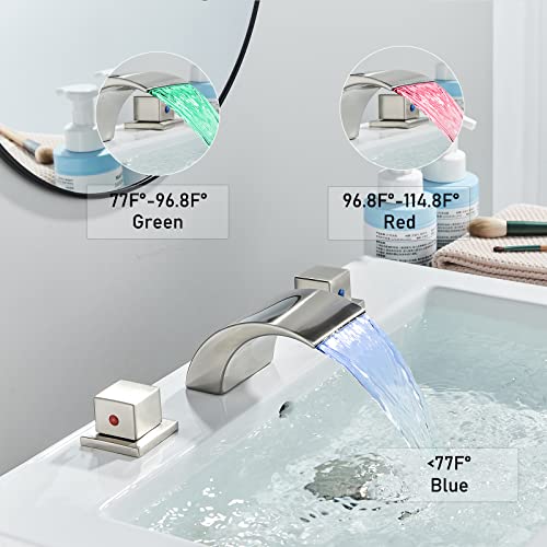 Oulantron Waterfall Widespread Bathroom Sink Faucet Bathroom Basin Sink Faucet LED with Changing 2 Handle 3 Hole Brushed Nickel Cold and Hot Water Mixer Vanity Bathroom Faucet