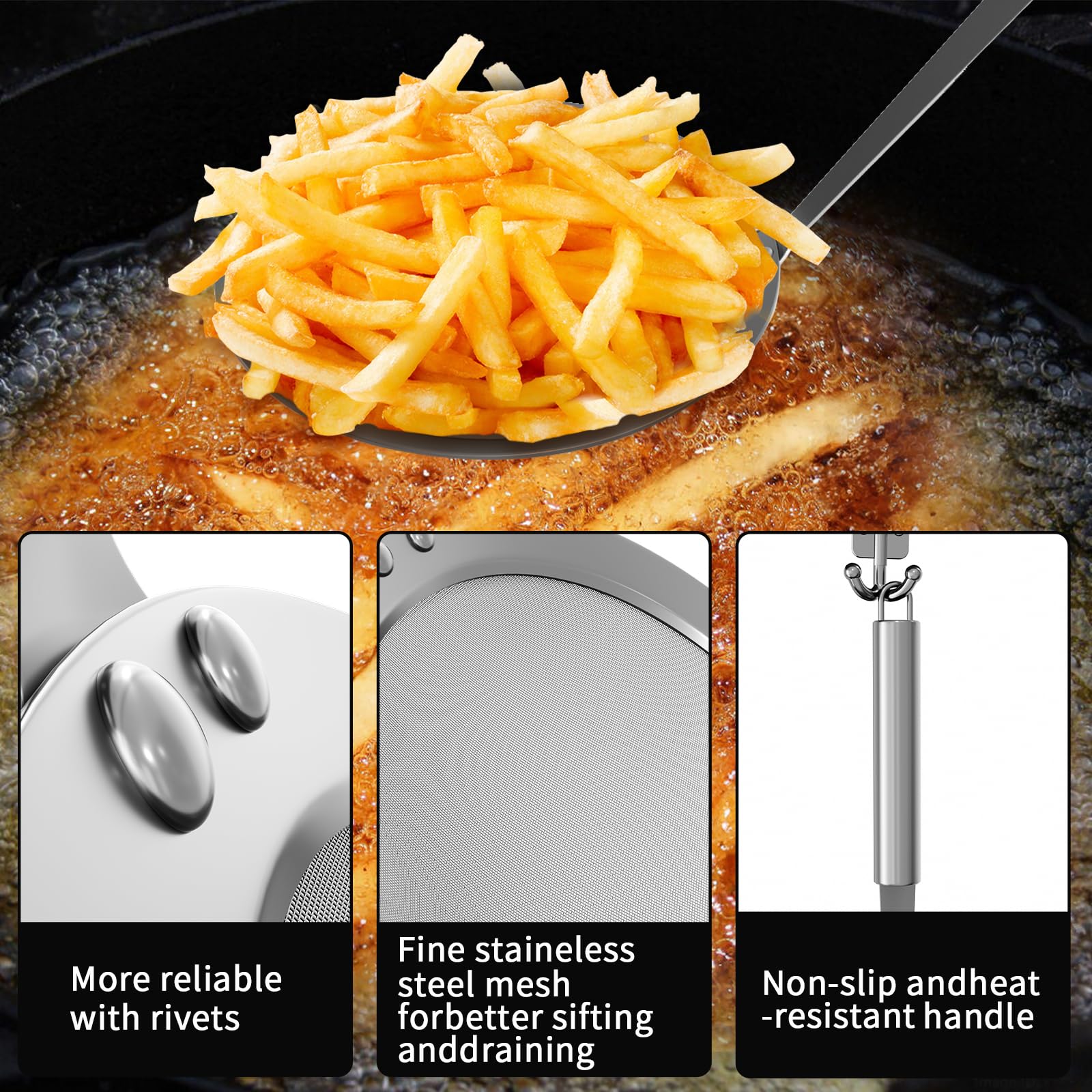 Newness Fine Mesh Skimmer Spoon, Professional 304 Stainless Steel Hot Pot Fat Strainer for Oil Filter Skimming Grease and Foam, Durable Multi-Functional Kitchen Cooking Mesh Food Strainer Ladle-3 Pack
