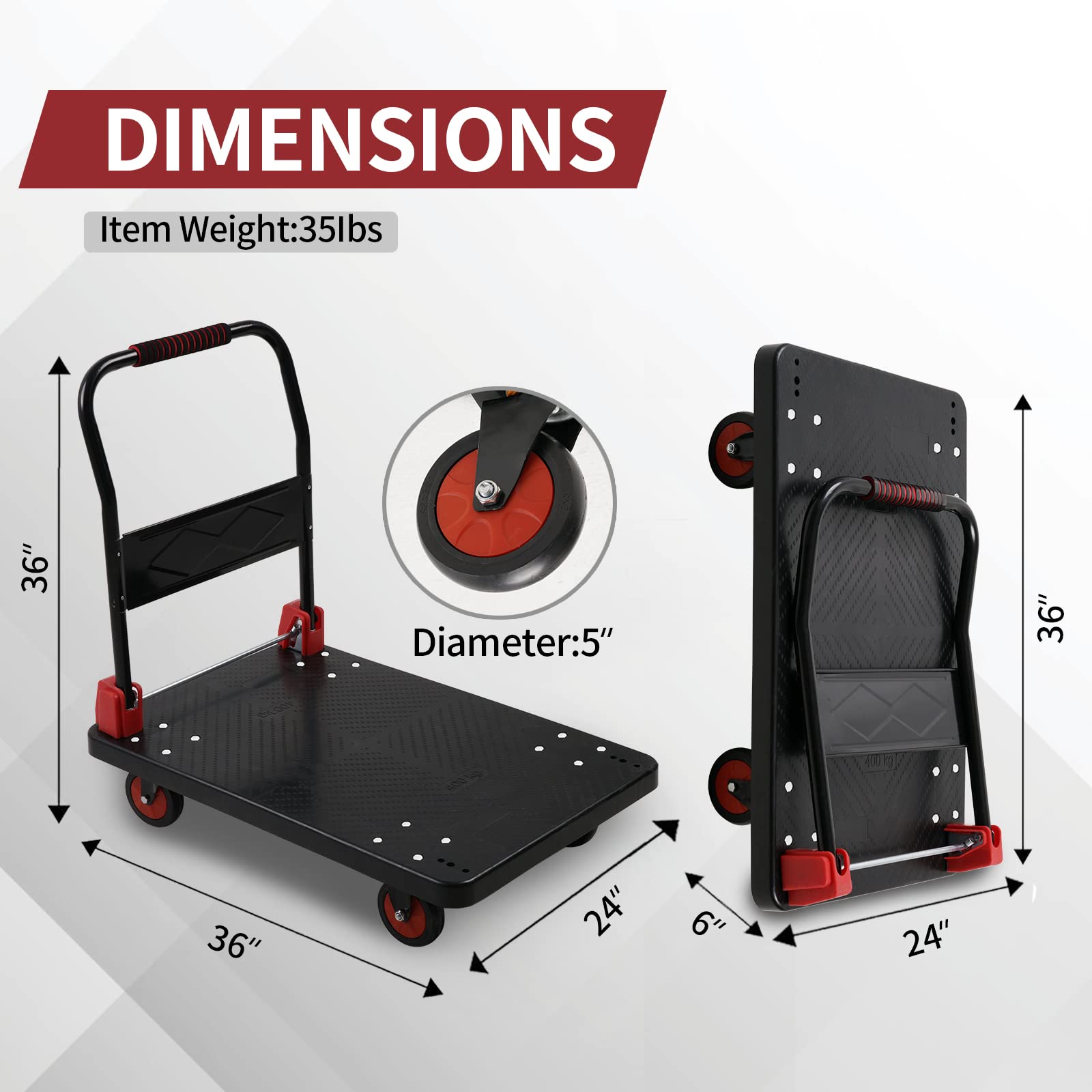 Platform Truck Push Cart Dolly, Foldable Hand Trucks with 1000LB Weight Capacity 36x24Inch Large Size for Easy Storage and 360 Degree Swivel Wheels