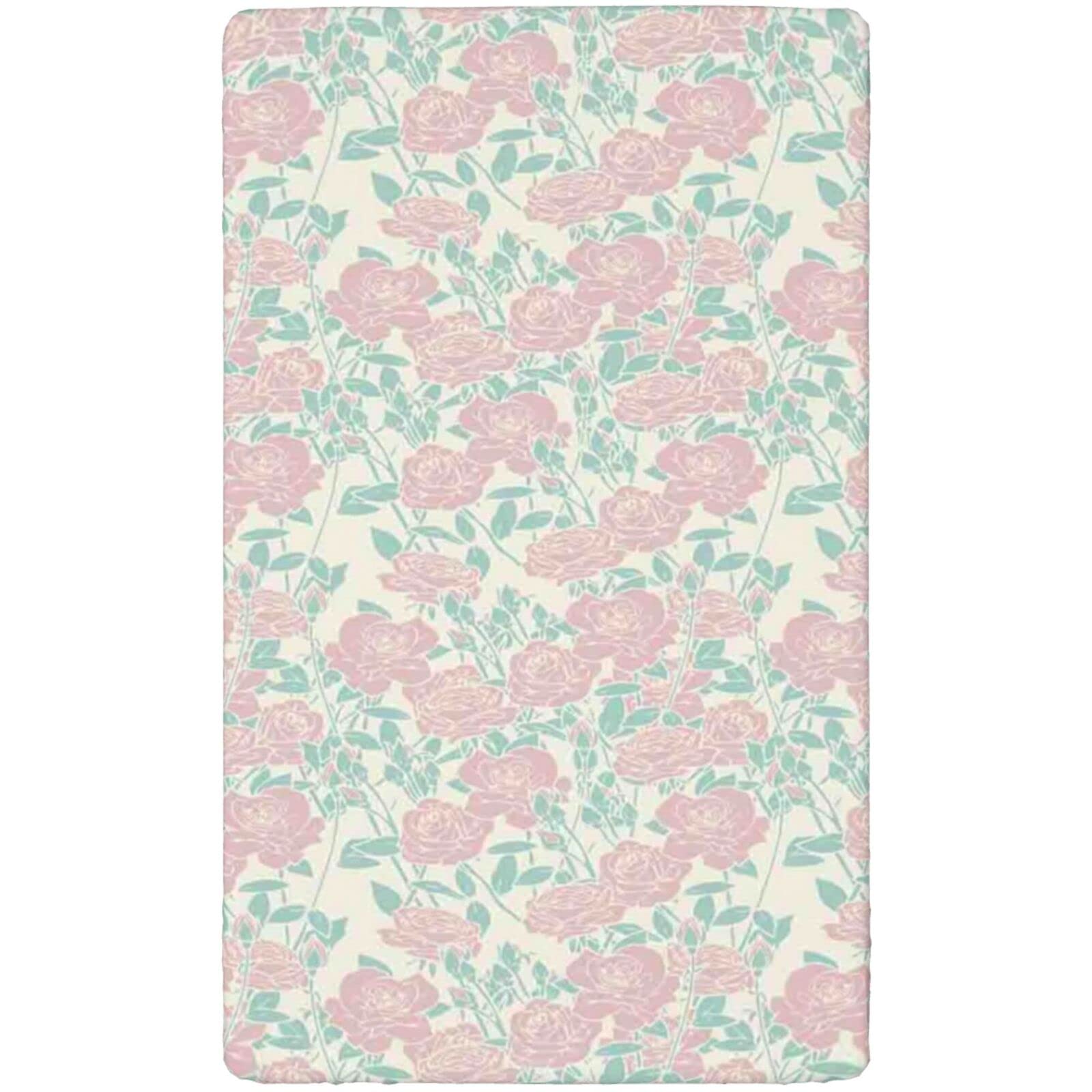 Rose Themed Fitted Crib Sheet,Standard Crib Mattress Fitted Sheet Ultra Soft Material-Baby Crib Sheets for Girl or Boy,28“ x52“,Almond Green Champagne Blush